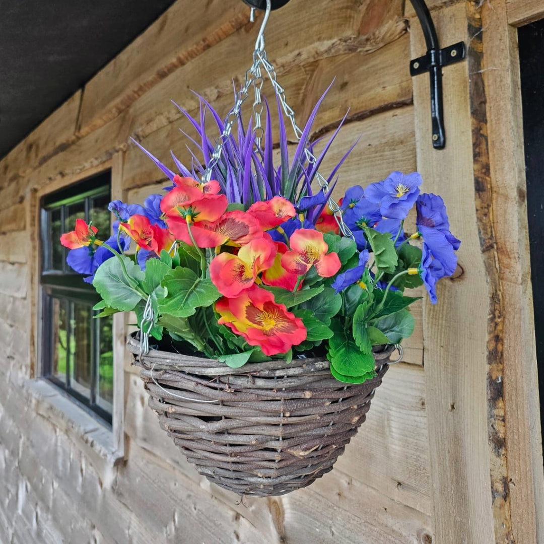 Best Artificial 30cm Pansy Hanging Basket (Lilac & Flame Red)