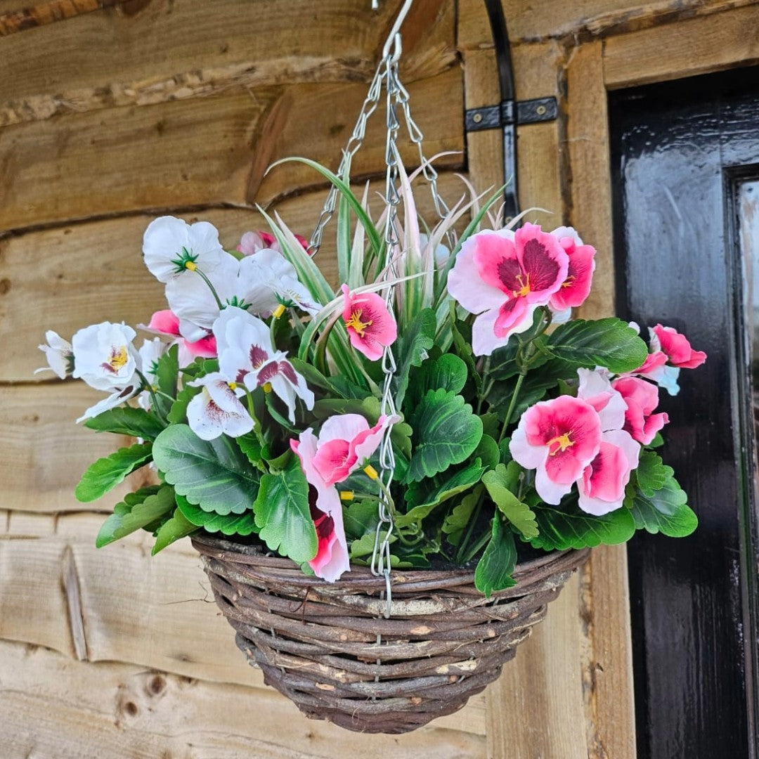 Best Artificial 30cm Pansy Hanging Basket (Pink & White)