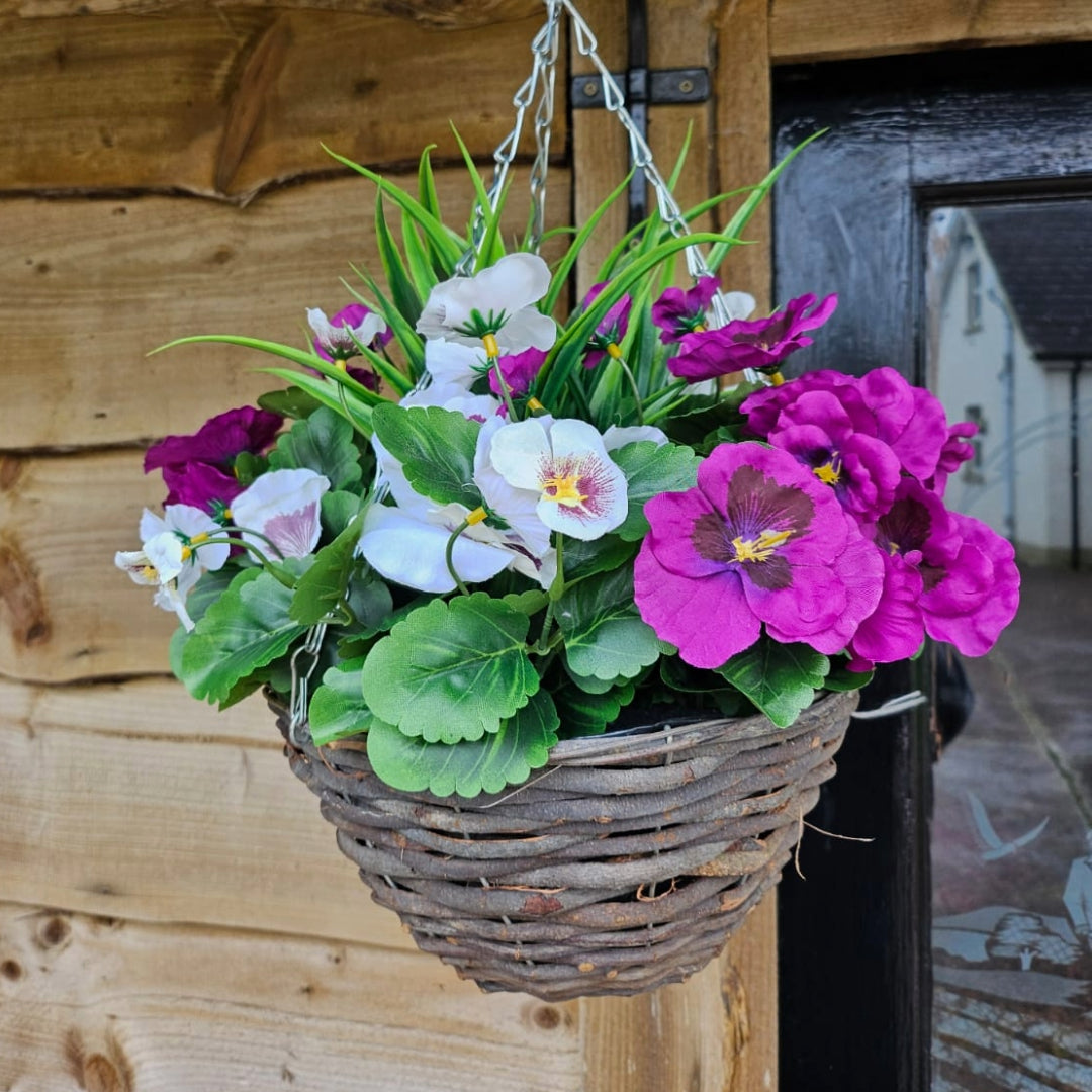 Best Artificial 30cm Pansy Hanging Basket (Purple & White)