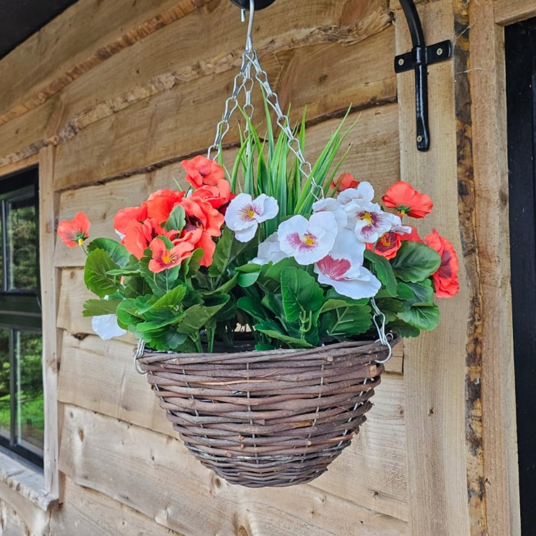 Best Artificial 30cm Pansy Hanging Basket (Red & White)